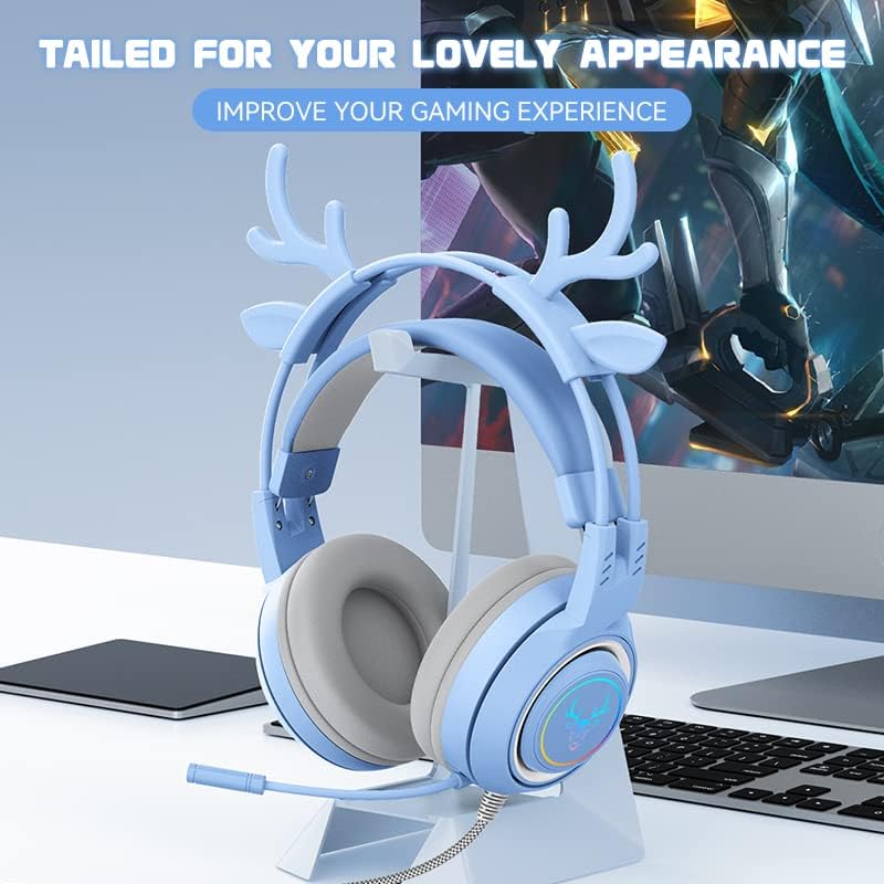 Atrasee Stereo Gaming Headset for PS4 PC Xbox One PS5 Controller, Noise Cancelling Over Ear Headphones with Mic, LED Light, Bass Surround, Soft Memory Earmuffs for Laptop Mac Nintendo (Blue Antlers)