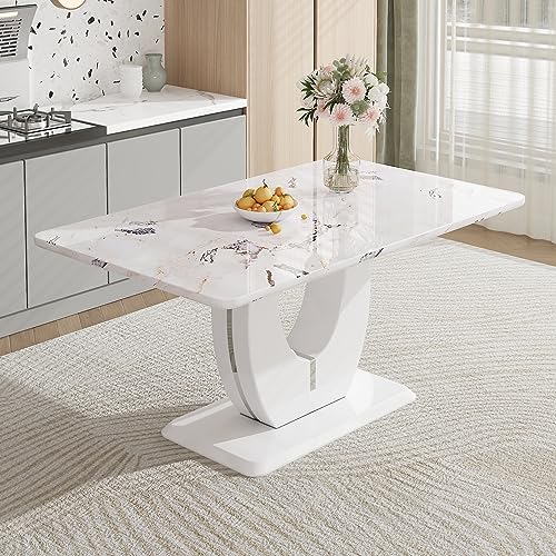White Marble Dining Table for 4-6, Modern Kitchen Dining Room Table with Faux Marble Top and U Shape Wood Pedestal Base, 63" Rectangular Dining Table for Dining Room Kitchen Living Room