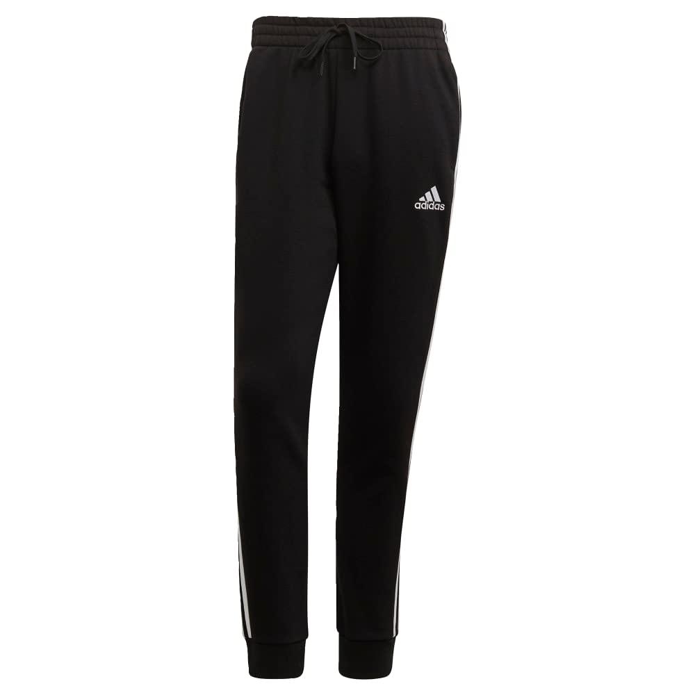 adidas Men's Standard Essentials Fleece Tapered Cuff 3-Stripes Pants, Black/White, Large