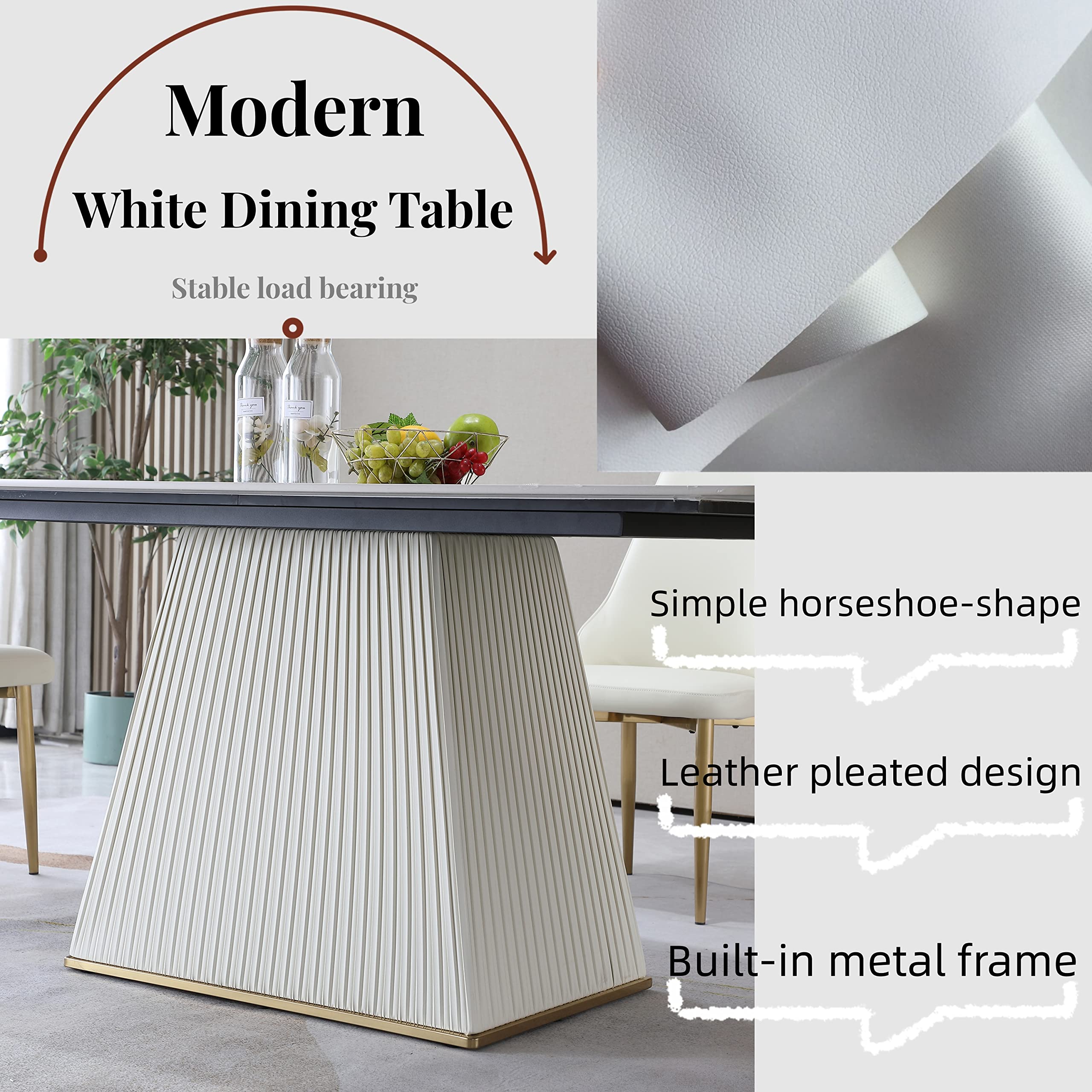 Montary 71” Modern Rectangle Dining Table for 6-8 Seat, White Marble Dining Table with Sintered Stone Tabletop and Horseshoe-Shape Design Carbon Steel Leather Base (Only Table)