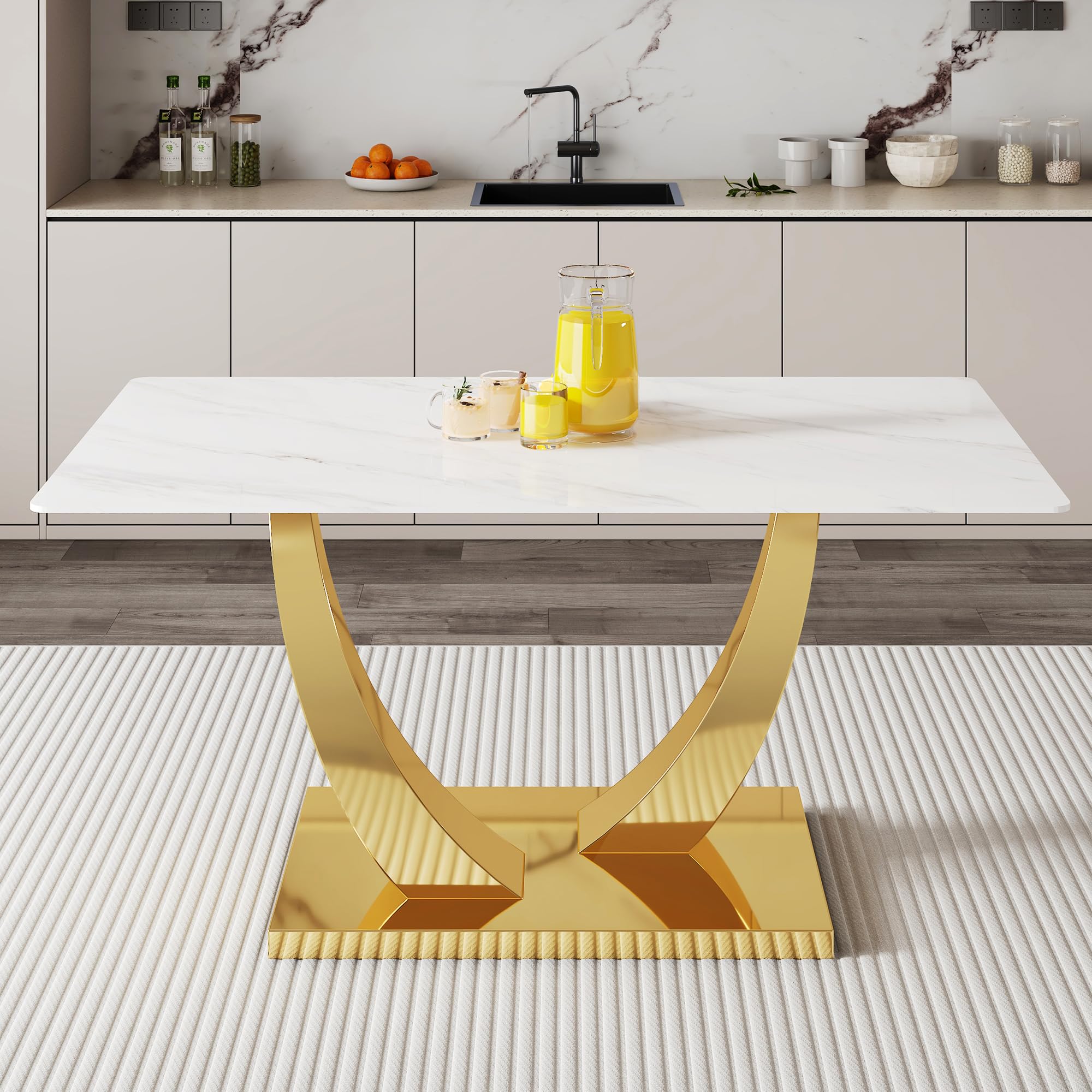 HAIZAO 63 inch Glass Dining Table for 4-6, Rectangular Glass Dining Table with White Marble Grain Tempered Glass Tabletop, Glass Kitchen Table with U-Shaped Metal Bracket for Dining Room Kitchen