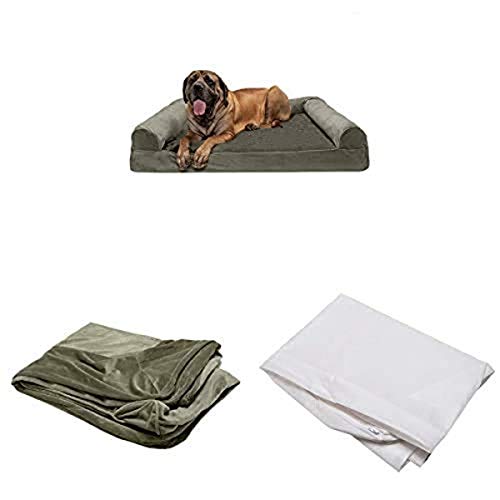 Furhaven Pet Bundle - Jumbo Plus Dark Sage Orthopedic Faux Fur & Velvet Sofa, Extra Dog Bed Cover, & Water-Resistant Mattress Liner for Dogs & Cats