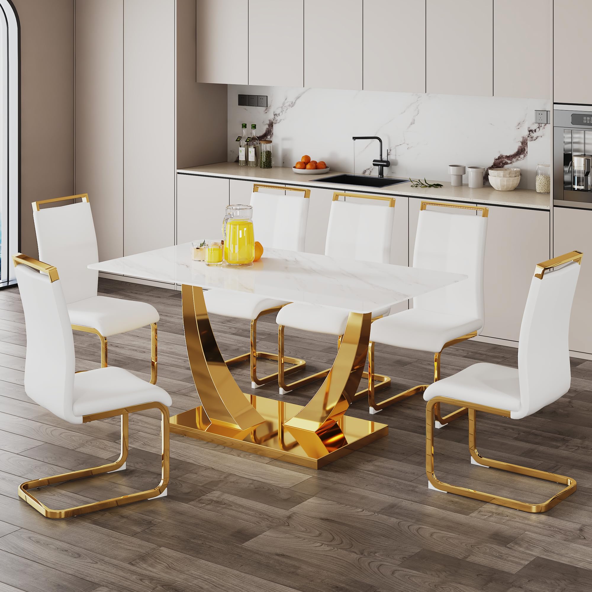HAIZAO 63 inch Glass Dining Table for 4-6, Rectangular Glass Dining Table with White Marble Grain Tempered Glass Tabletop, Glass Kitchen Table with U-Shaped Metal Bracket for Dining Room Kitchen