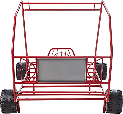 AOCHUANG Metal Twin Car Bed Gunmetal Go Kart Bed, Twin Size Bed Frame with A Racing Flag Decor Headboard/Metal Tube Slat Support/No Box Spring Needed (Red Go Kart)