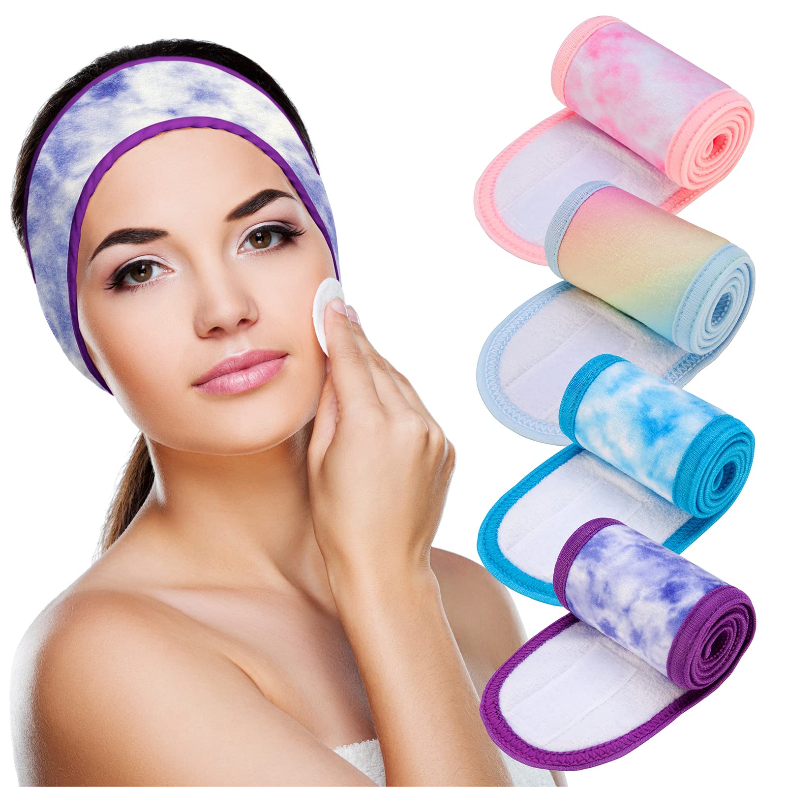 Denfany Spa Facial Headband 4 Pack Ultra Soft Adjustable Terry Cloth Skincare Headband for Face Washing, Shower, Facial Mask, Yoga