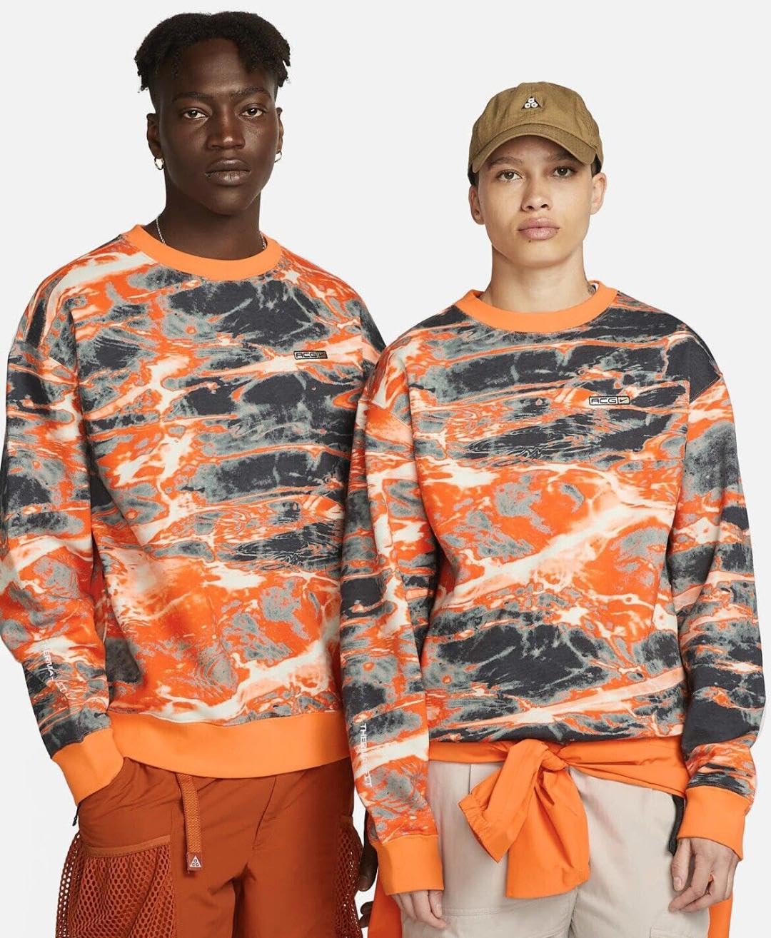 Nike ACG Therma-FIT Fleece Allover Print Crew Unisex Shirt Top (Adult, Large, Orange/grey)