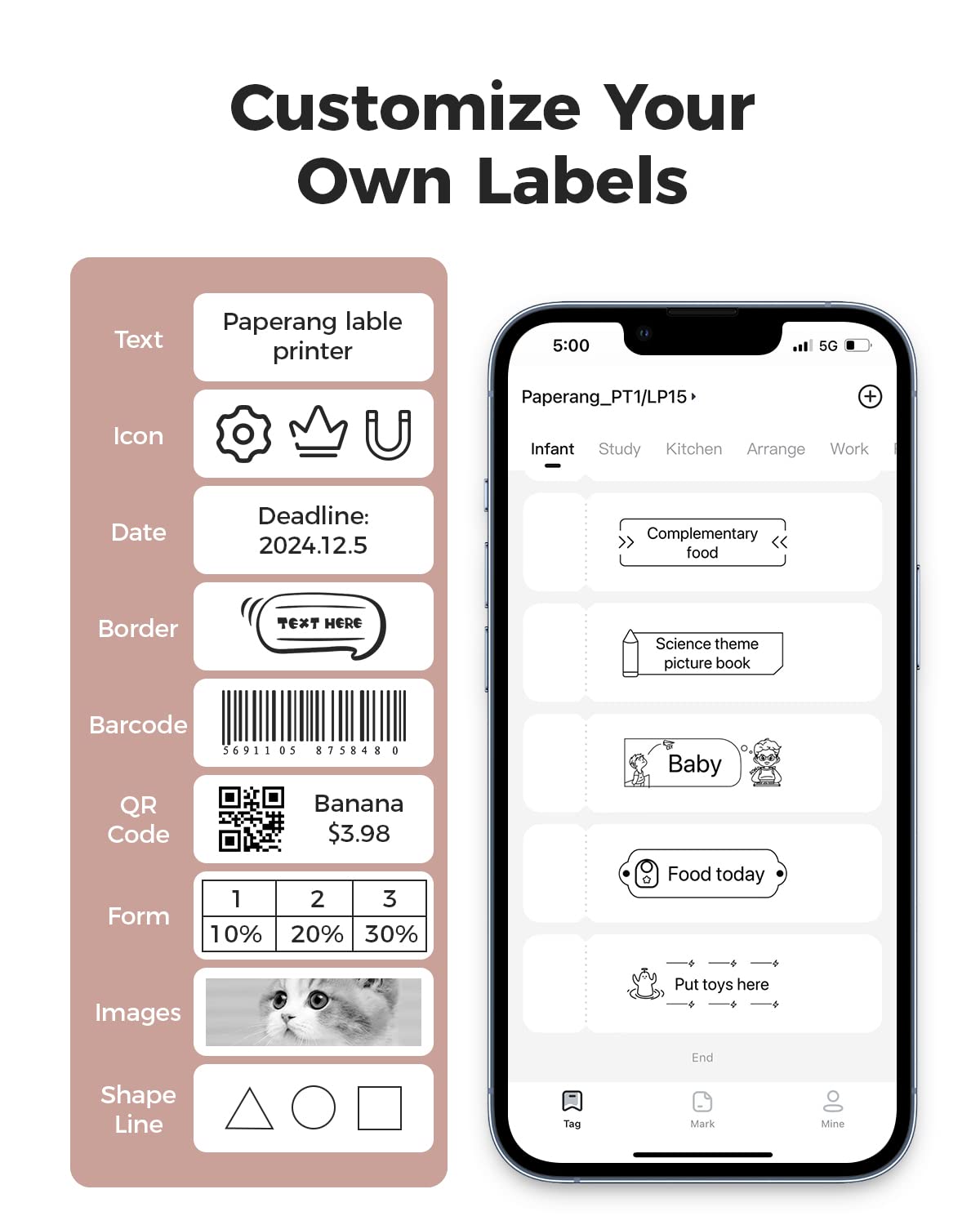 paperang Label Makers Machine, 0.6 Inch Rechargeable Mini Labeler,Portable Bluetooth Wireless Label Printer Handheld, Multiple Templates Inkless for Phone Pad Office Home Organization Small Print