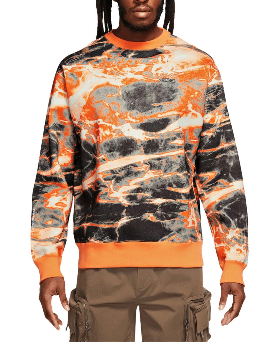 Nike ACG Therma-FIT Fleece Allover Print Crew Unisex Shirt Top (Adult, Large, Orange/grey)