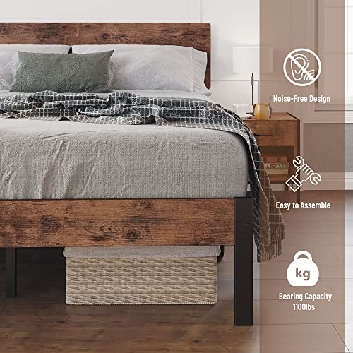 LIKIMIO Queen Bed Frame with Headboard, Strong Steel Slat Support, Tool-Free Assembly, Underbed Storage Space, No Box Spring Needed