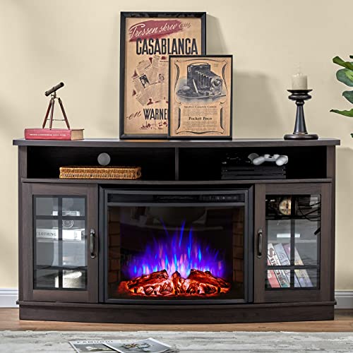 AMERLIFE Curved Fireplace TV Stand with 26" Curved Electric Fireplace, Media Entertainment Center Farmhouse Glass Door Storage Cabinet, Open Shelve Console Table for TVs up to 65", Espresso