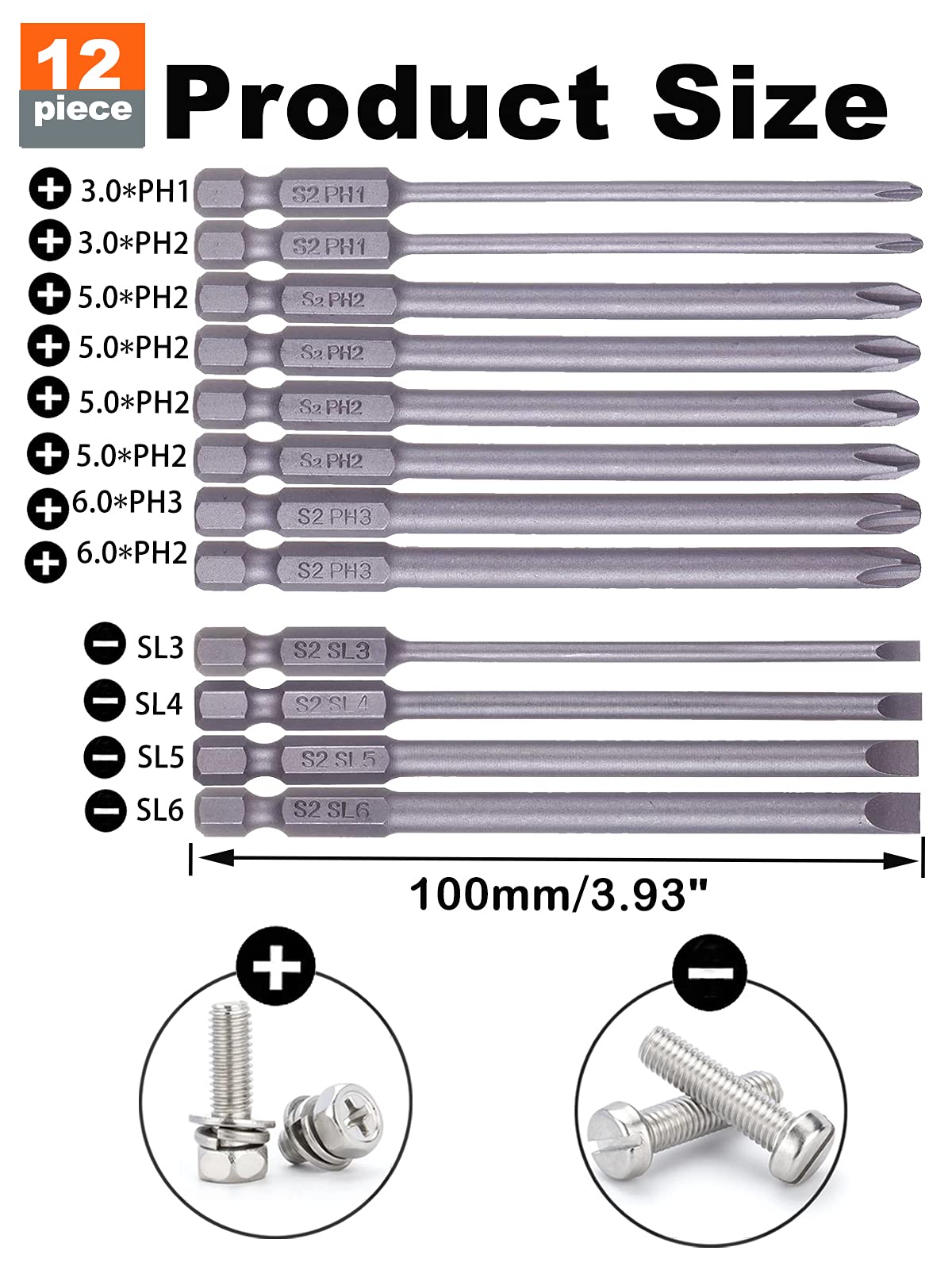 Rocaris 12 Pack 1/4 Inch Hex Shank Long Magnetic Screwdriver Bits Set 4 in Power Tools (Slotted+Cross Head)