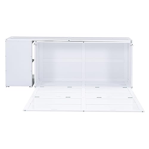 HBRR Queen Size Chest, Wood Murphy Frame, Versatile Cabinet Foldable Platform Bed, White w/Rotable Desk & Shelves