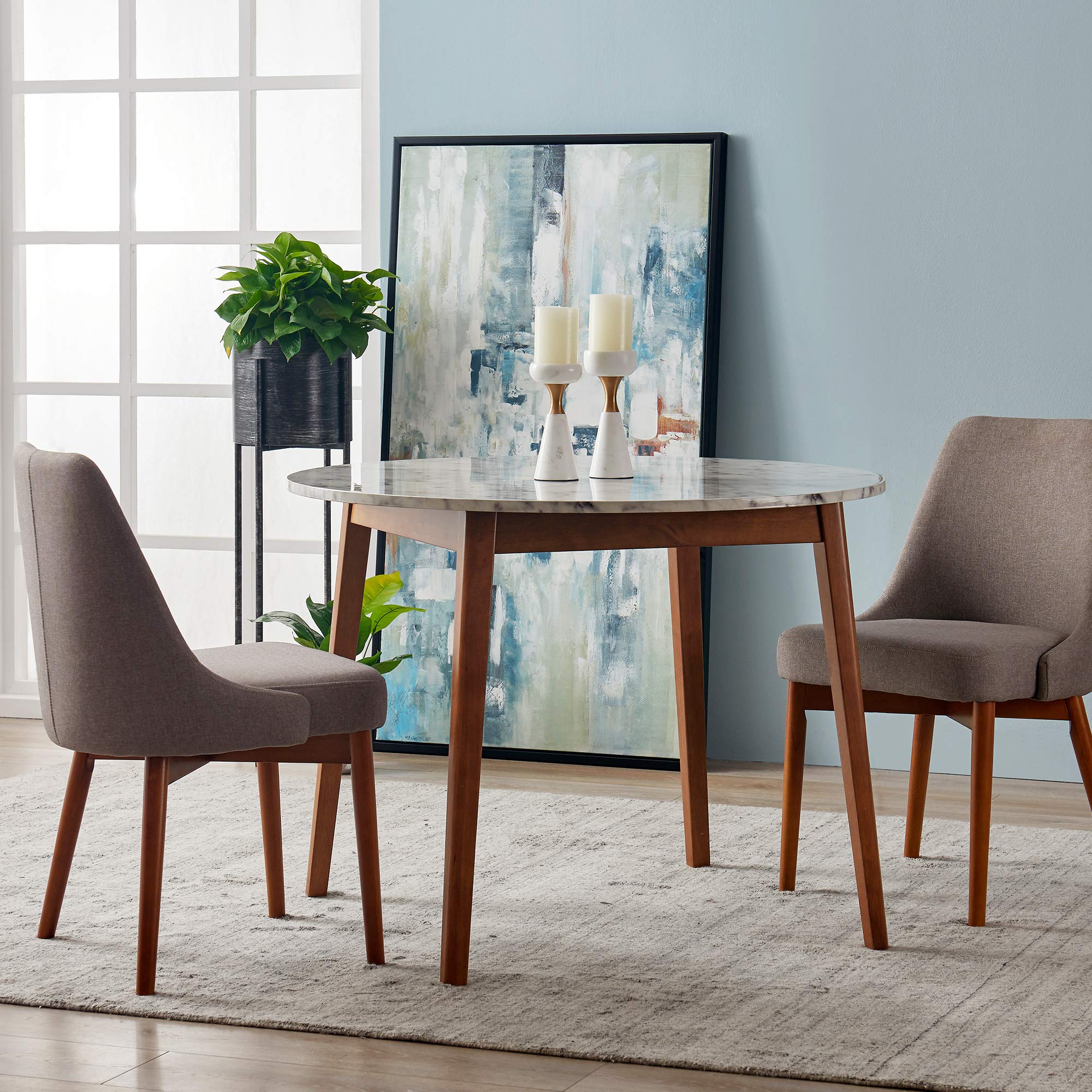 Teamson Home Ashton Round Shape Dining Table Desk with Storage Faux Marble Top for Living Room Home and Office, 30 Inch Height, Walnut