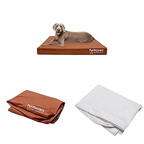 Furhaven Pet Bundle Jumbo Plus Chestnut Cooling Gel Memory Foam Water-Resistant Indoor Outdoor Logo Print Mattress, Extra Dog Bed Cover, & Water-Resistant Mattress Liner for Dogs & Cats