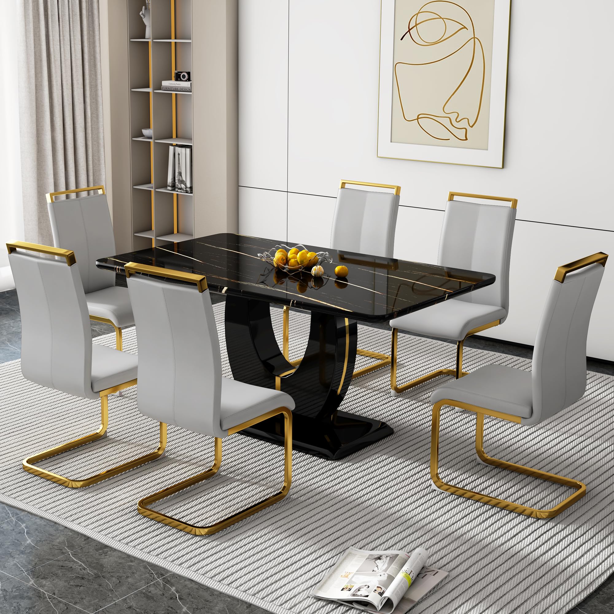 MTFY 7 Pieces Marble Dining Table Set for 6, Modern 63" Rectangular Black Faux Marble Pedestal Kitchen Dining Room Table & 6 PU Leather Upholstered Dining Chairs, Elegant Dinette Table Set