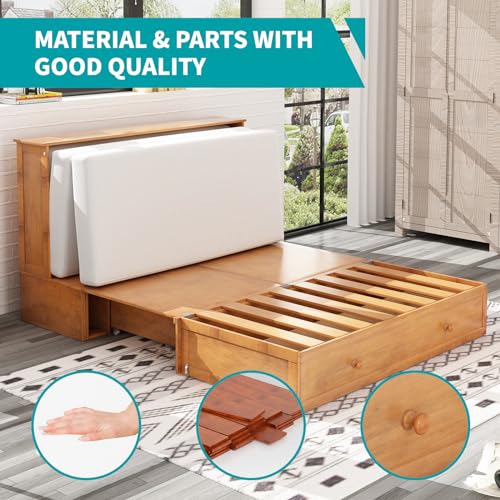 BALUS Cabinet Bed with Queen Size Mattress, Modern Murphy Bed with USB Charging Station, Foldable Tray Tables, Storage Drawer - Cherry Red