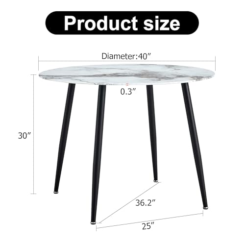 JBFF 40" Modern Minimalist Glass Dining Table for 2-4, 0.3" Thick White Circular Imitation Marble Pattern Tabletop with 4 Black Metal Legs, Suitable for Dining Living Room Restaurant