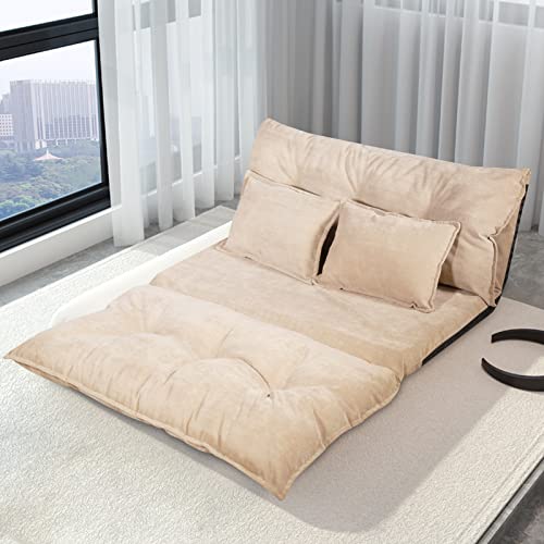 Sucrever Floor Sofa Chair with Adjustable 6-Position and 2 Pillows for Adults, Folding Lazy Sofa Sleeper Bed Couch for Reading or Gaming, Chaise Lounge Chair for Bedroom Living Room, Beige