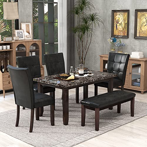 FIQHOME 6-Piece Set with one Faux Marble Dining Table,4 Upholstered PU Leather Chairs and 1 Bench,Perfect for Kitchen, Breakfast Nook, Bar, Living Room,Black