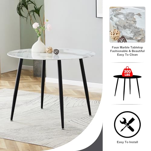 JBFF 40" Modern Minimalist Glass Dining Table for 2-4, 0.3" Thick White Circular Imitation Marble Pattern Tabletop with 4 Black Metal Legs, Suitable for Dining Living Room Restaurant
