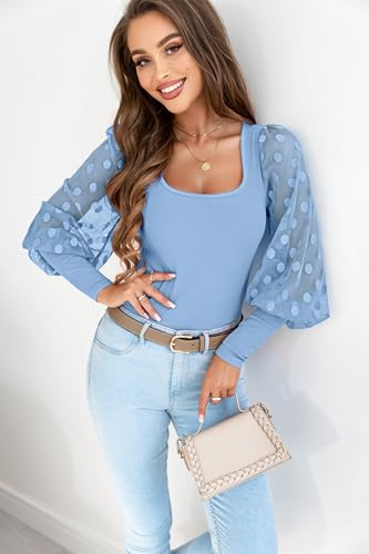 miduo Womens Knit Tops Fashion 2022 Spring Square Neck Swiss Dots Long Puff Gigot Sleeve Ribbed Shirts Tops Sweater Blouses Blue Medium