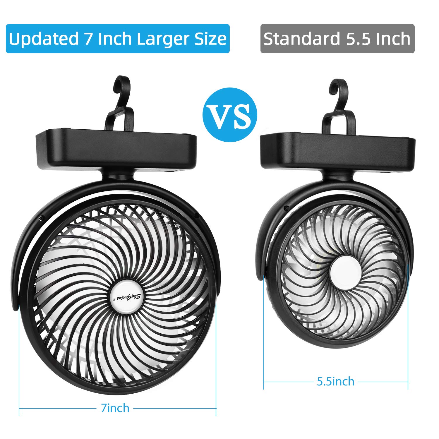 7-Inch Camping Fan with LED Lantern, 5000mAh Rechargeable Battery/USB Operated Fan with Hanging Hook for Tent Car RV