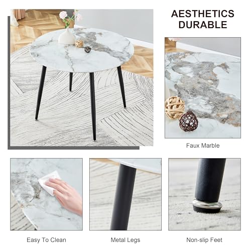 JBFF 40" Modern Minimalist Glass Dining Table for 2-4, 0.3" Thick White Circular Imitation Marble Pattern Tabletop with 4 Black Metal Legs, Suitable for Dining Living Room Restaurant