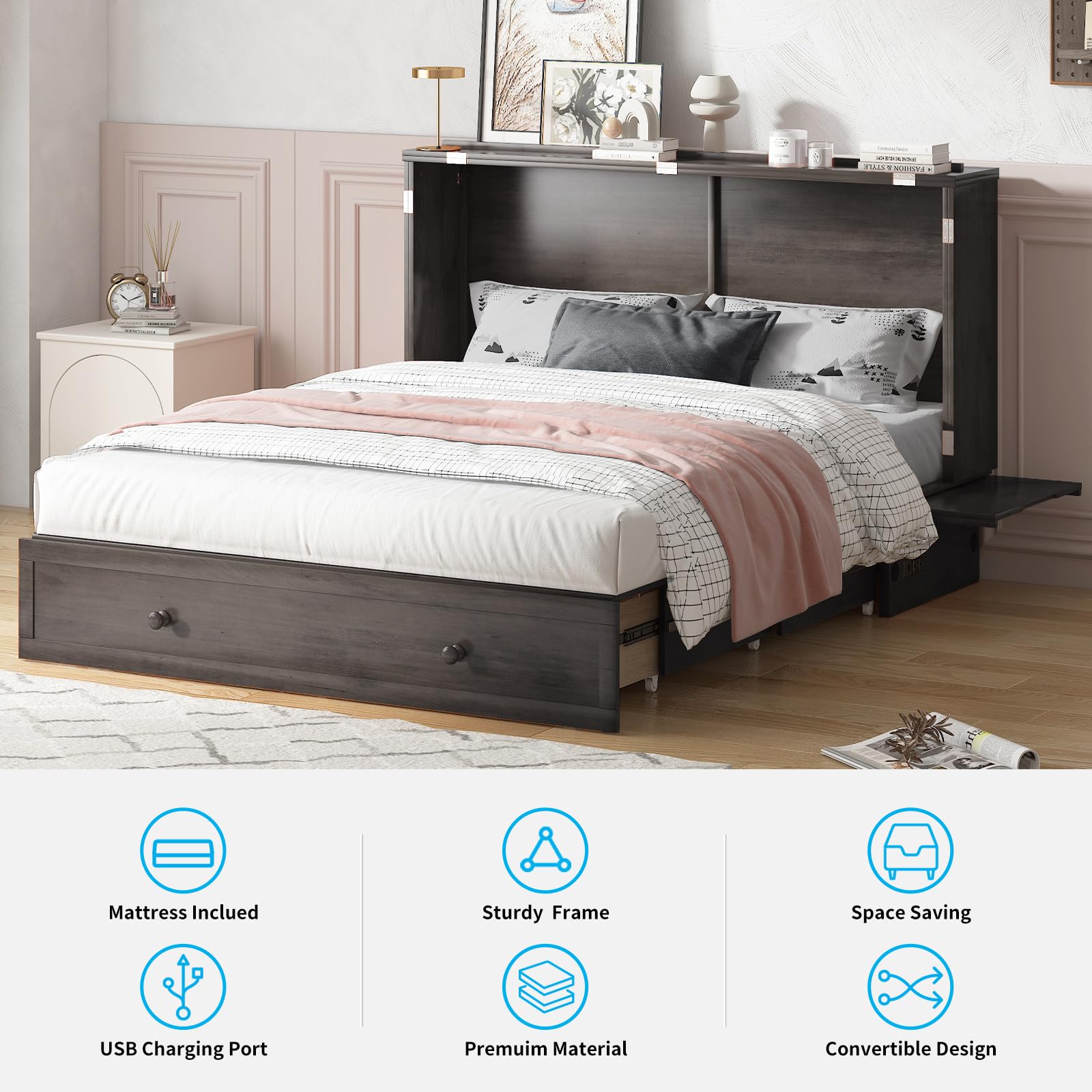 Mjkone Murphy Bed Chest, Cabinet Bed with Trifold Foam Mattress, Queen Murphy Cube Cabinet Bed with USB Charging Station and Large Storage Drawers for Living Room/Bedroom/Office (Grey)