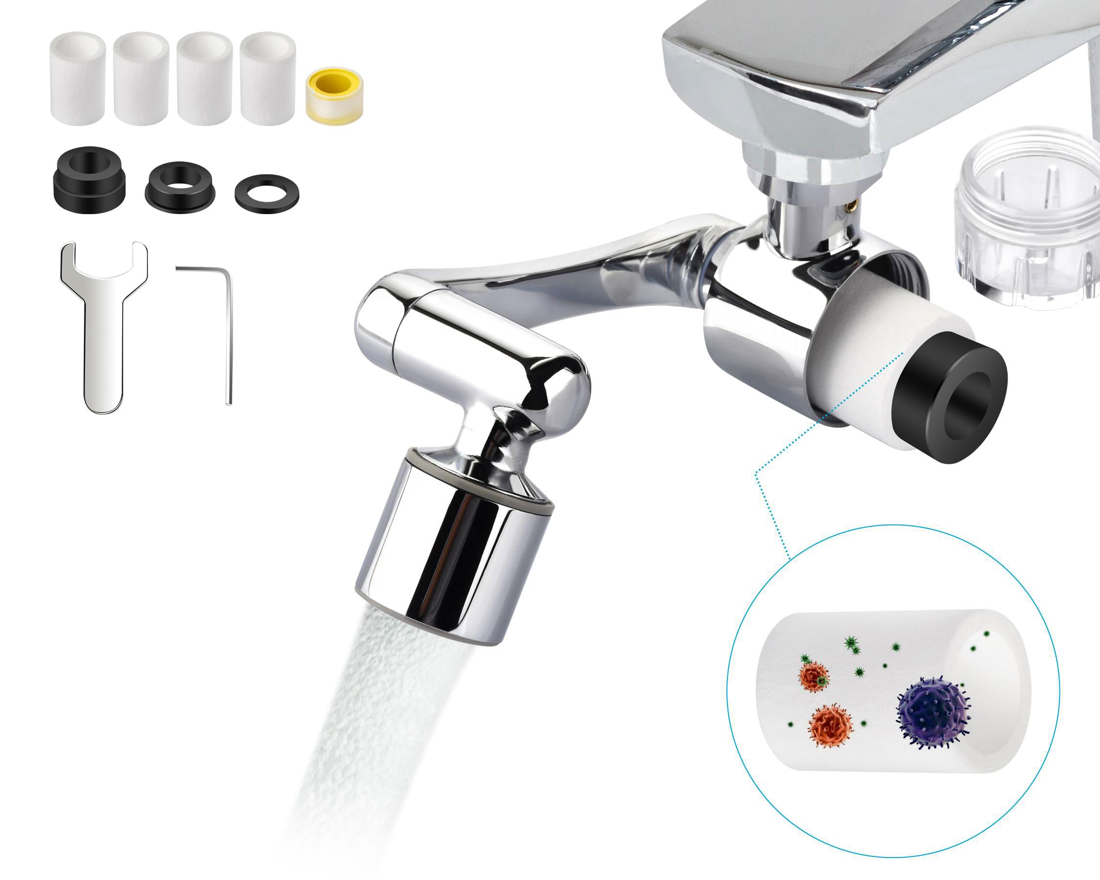 Faucet Extender Filter 1080° Rotating for Sink Aerator Faucet Extender for Bathroom Sink Universal Spout Spray Attachment 2-Mode Outlet with 4 Replaceable Water Purifiers Face/Hair/Toddlers Hands Wash