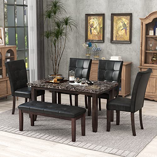 FIQHOME 6-Piece Set with one Faux Marble Dining Table,4 Upholstered PU Leather Chairs and 1 Bench,Perfect for Kitchen, Breakfast Nook, Bar, Living Room,Black