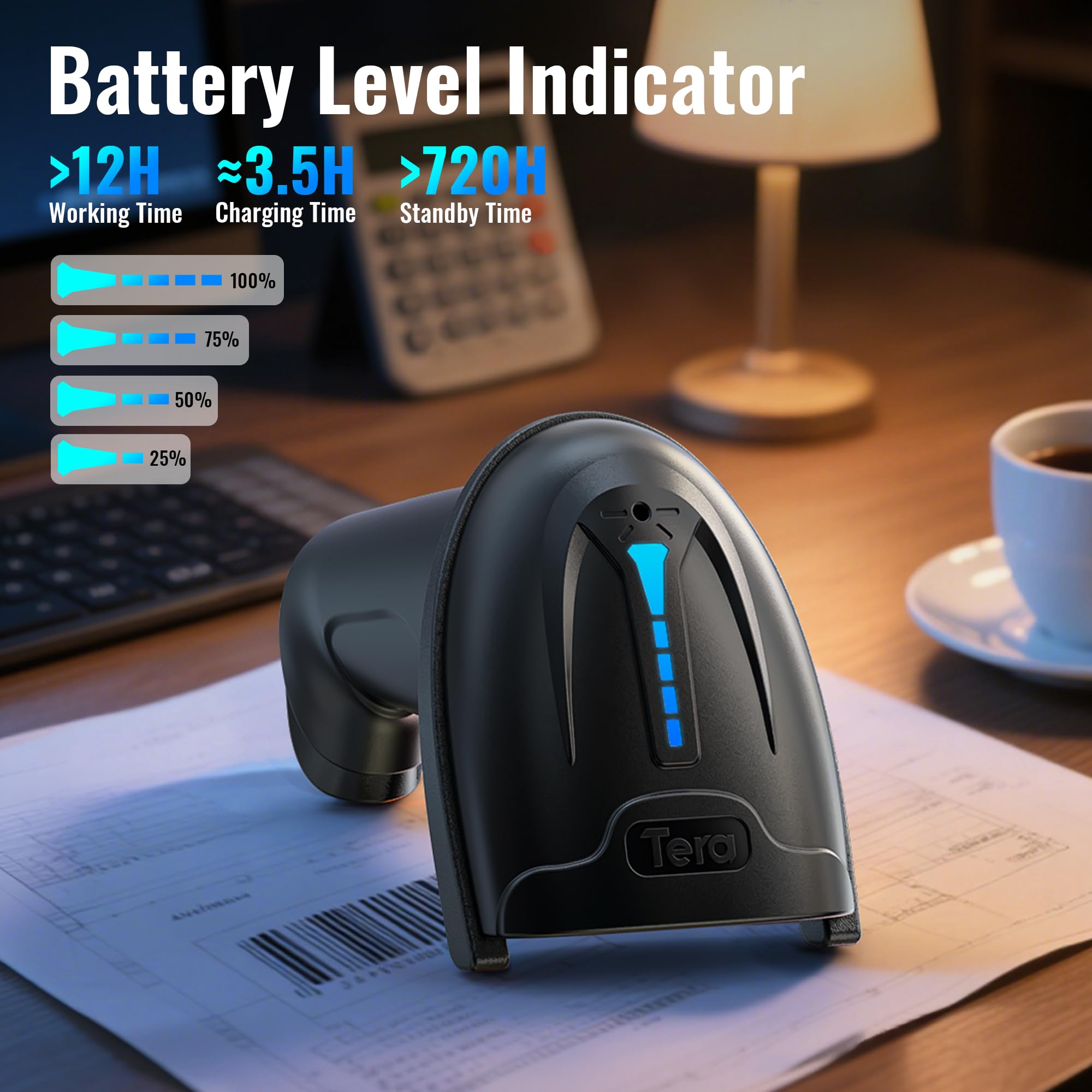 Tera Barcode Scanner Wireless and Wired with Battery Level Indicator 1D 2D QR Digital Printed Bar Code Reader Cordless Handheld Barcode Scanner Compact Plug and Play Model D5100