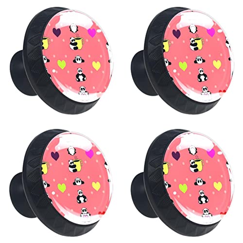 JAVENPROEQT Cute and Funny Sleepy Panda with Coffee Cup and Hearts 4pcs Round Door Knobs, Furniture Cabinets Hardware Pulls Handle, Decorative Dresser Drawers Knobs for Kids, Boys, Girls Room