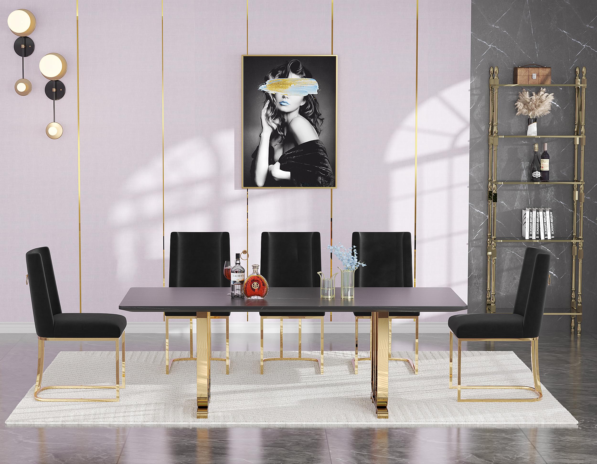Pvillez 71" Modern Dining Table for 6-8 People, Rectangular Kitchen Table Black Faux Marble Top Dining Table with Polished Gold Metal Pedestal Base, Large Dinner Table for Dining Room Kitchen Office