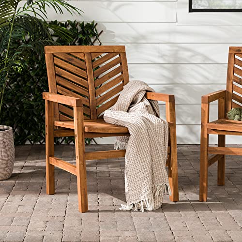 Walker Edison 2 Piece Outdoor Patio Chevron Wood Chair Set All Weather Backyard Conversation Garden Poolside Balcony, Set of 2, Brown