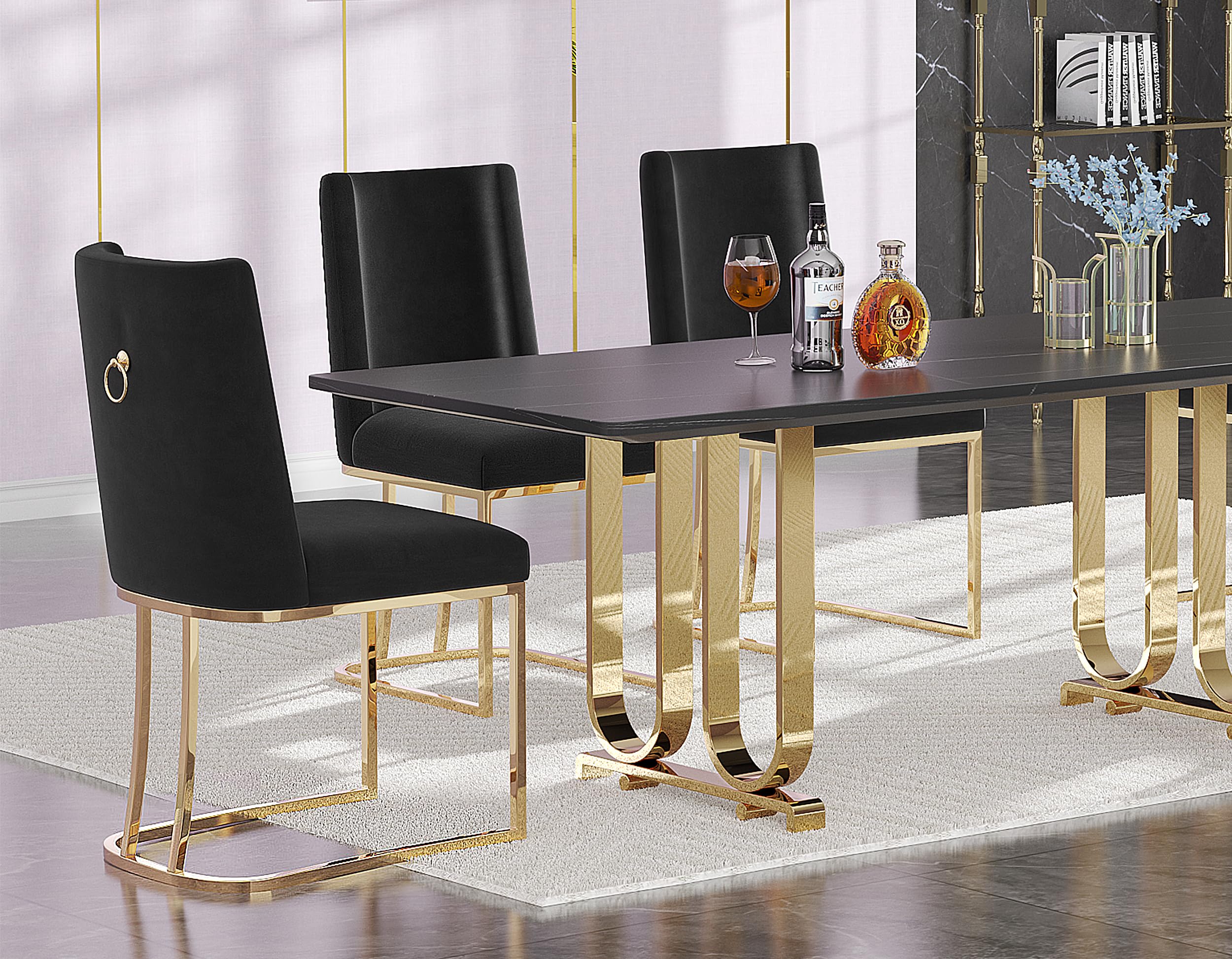 Pvillez 71" Modern Dining Table for 6-8 People, Rectangular Kitchen Table Black Faux Marble Top Dining Table with Polished Gold Metal Pedestal Base, Large Dinner Table for Dining Room Kitchen Office