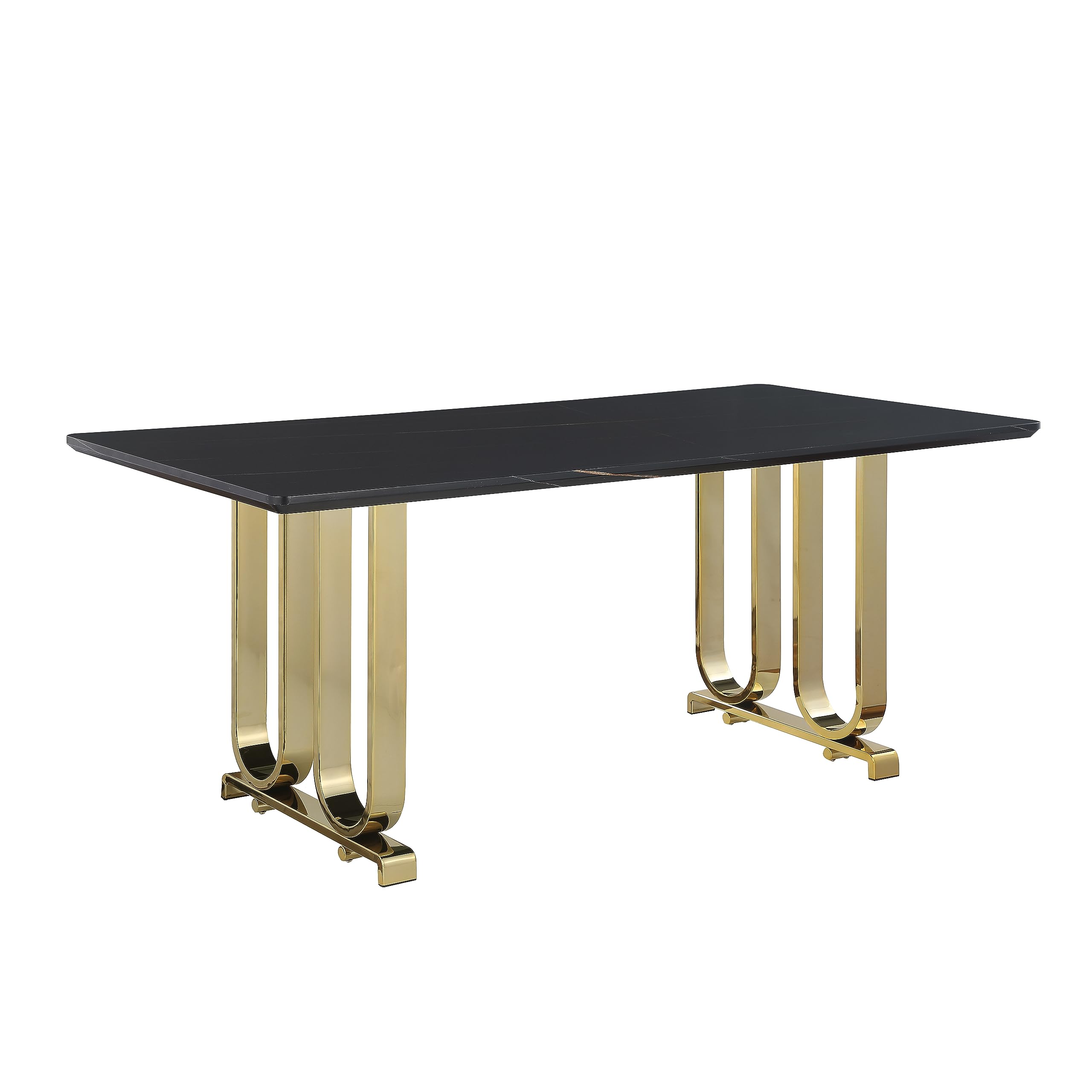 Pvillez 71" Modern Dining Table for 6-8 People, Rectangular Kitchen Table Black Faux Marble Top Dining Table with Polished Gold Metal Pedestal Base, Large Dinner Table for Dining Room Kitchen Office