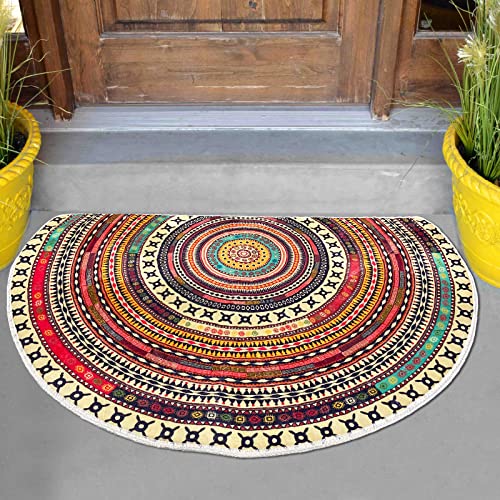 Boho Half Round Indoor Entrance Rug Doormats 36x24 Inches Absorbent Non-Slip Bedroom Front Back Outdoor Welcome for Entryway Machine Washable, Bohemia Ethnic Style Pattern