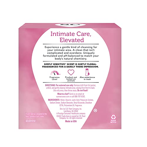 Summer’s Eve Simply Sensitive Daily Gentle Feminine Wipes, pH balanced, 16 Count, 12 Pack
