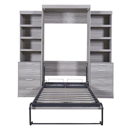 Prohon Twin Vertical Shelf Size Chest with Storage Shelves and Drawers, Saving Wall Canbe Folded into a Cabinet, Strong Wood Slat Support, Versatile Murphy Small Spaces Design Platform Bed, Gray