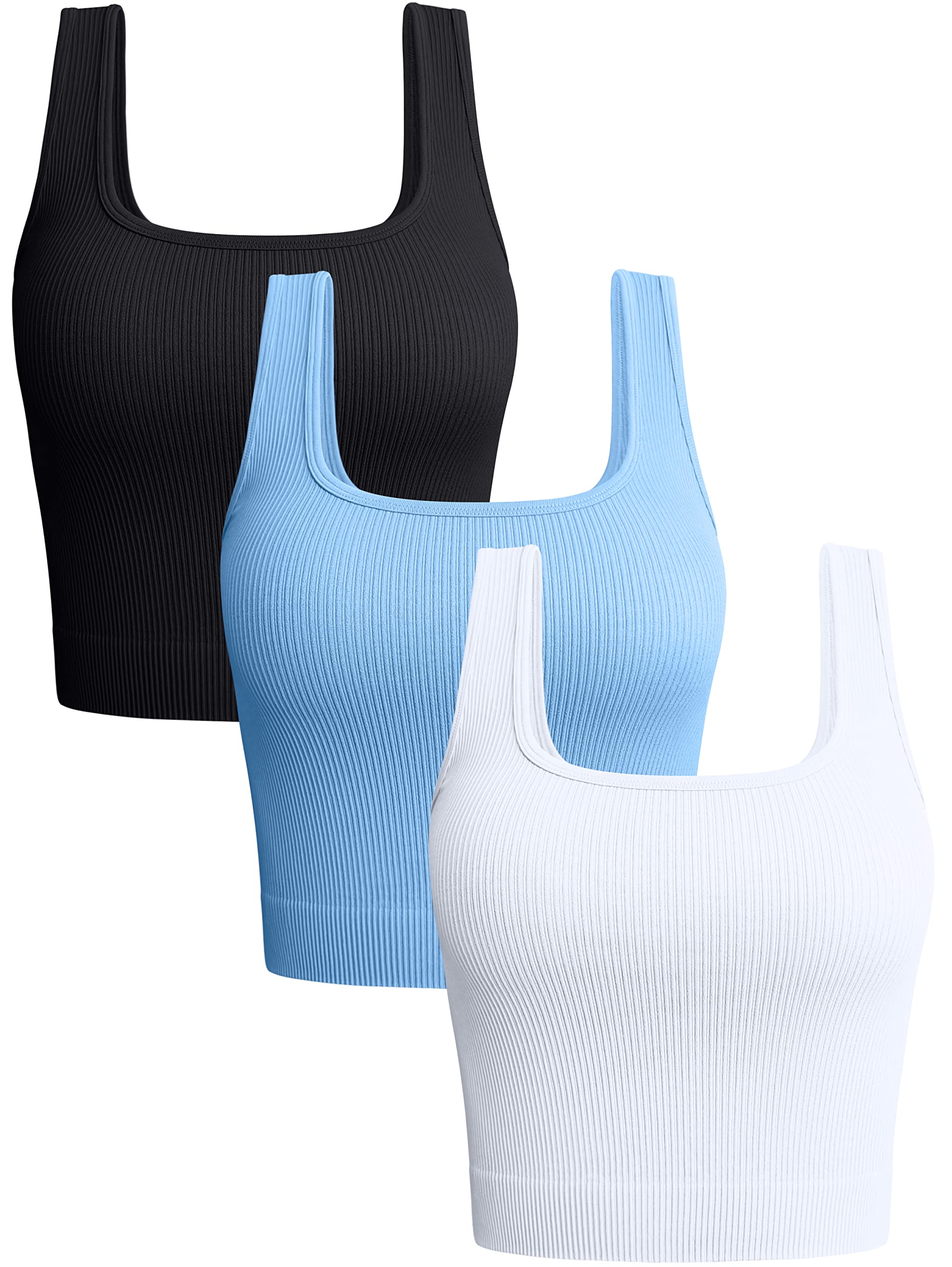 OQQ Women's 3 Piece Tank Tops Ribbed Seamless Workout Exercise Shirts 2025 Summer Basic Camis Black Candyblue White