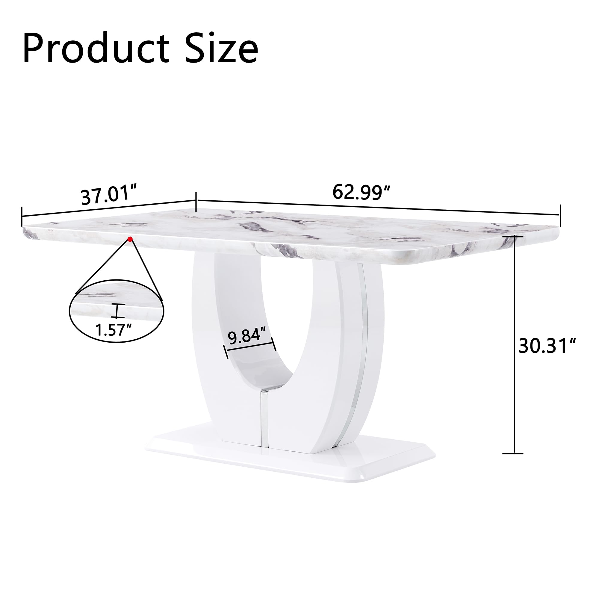Kootlena Rectangular 63" Marble Dining Table, Luxurious Dining Room Table with 1.4" Faux Marble Top and White U-Shape MDF Base, Modern Kitchen Dining Table for Kitchen Living Dining Room