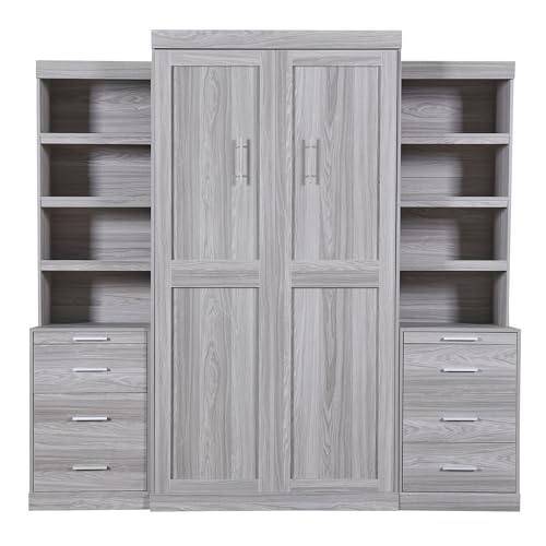 Prohon Twin Vertical Shelf Size Chest with Storage Shelves and Drawers, Saving Wall Canbe Folded into a Cabinet, Strong Wood Slat Support, Versatile Murphy Small Spaces Design Platform Bed, Gray