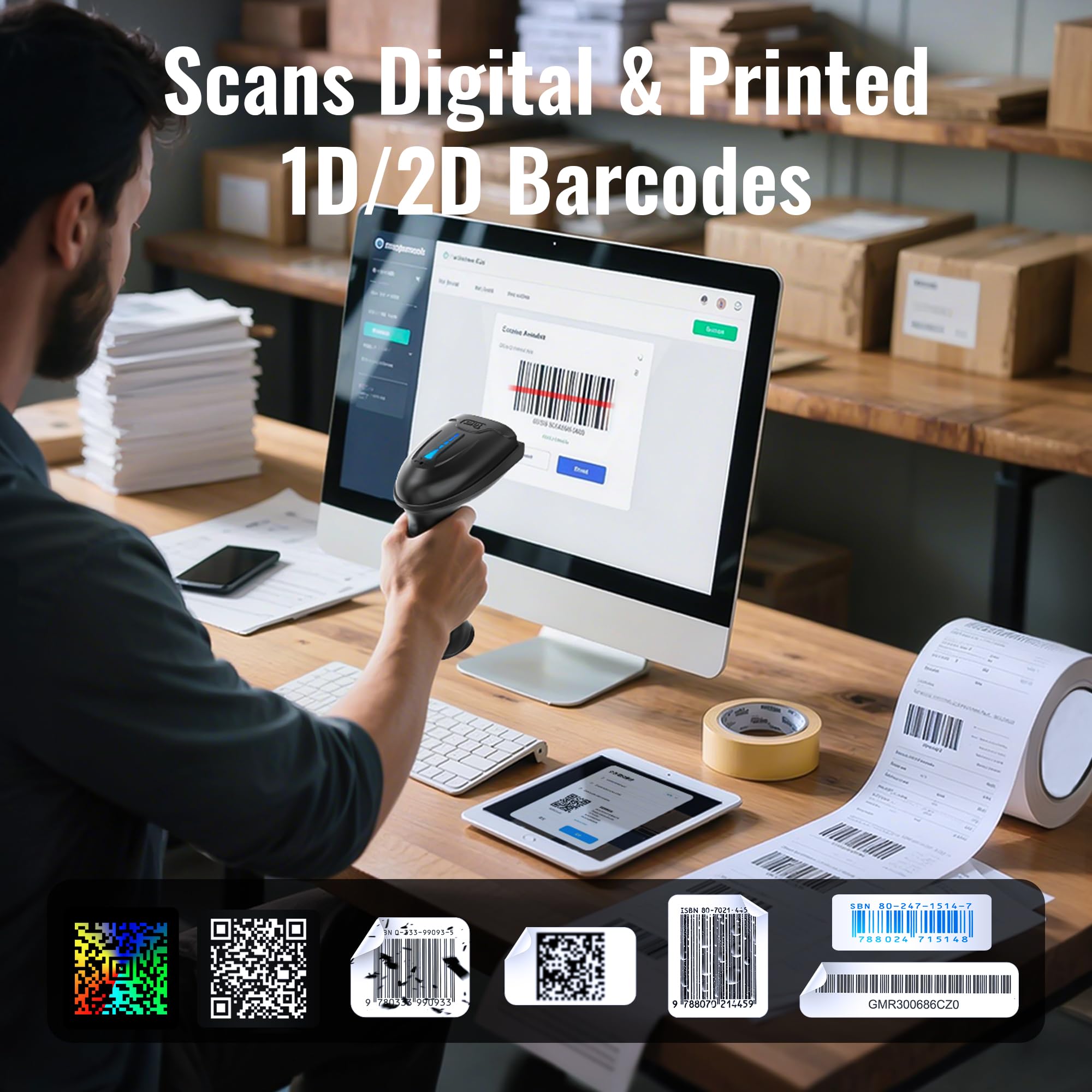 Tera Barcode Scanner Wireless and Wired with Battery Level Indicator 1D 2D QR Digital Printed Bar Code Reader Cordless Handheld Barcode Scanner Compact Plug and Play Model D5100