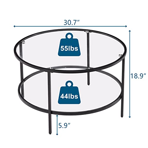 VINGLI Glass Coffee Table,30" Round Coffee Table Black Coffee Tables for Living Room,2-Tier Glass Top Coffee Table with Storage Clear Coffee Table,Simple & Modern Center Table Mesa de Centro Para Sala