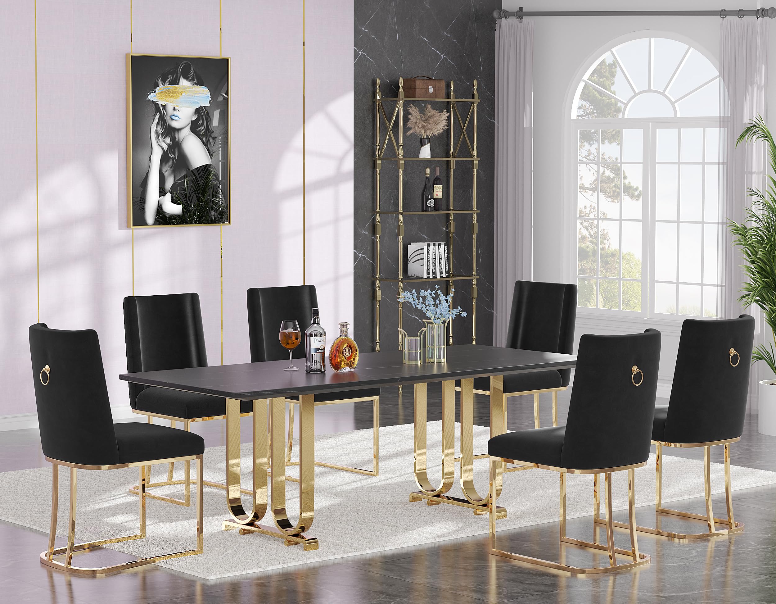 Pvillez 71" Modern Dining Table for 6-8 People, Rectangular Kitchen Table Black Faux Marble Top Dining Table with Polished Gold Metal Pedestal Base, Large Dinner Table for Dining Room Kitchen Office