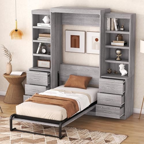 Prohon Twin Vertical Shelf Size Chest with Storage Shelves and Drawers, Saving Wall Canbe Folded into a Cabinet, Strong Wood Slat Support, Versatile Murphy Small Spaces Design Platform Bed, Gray