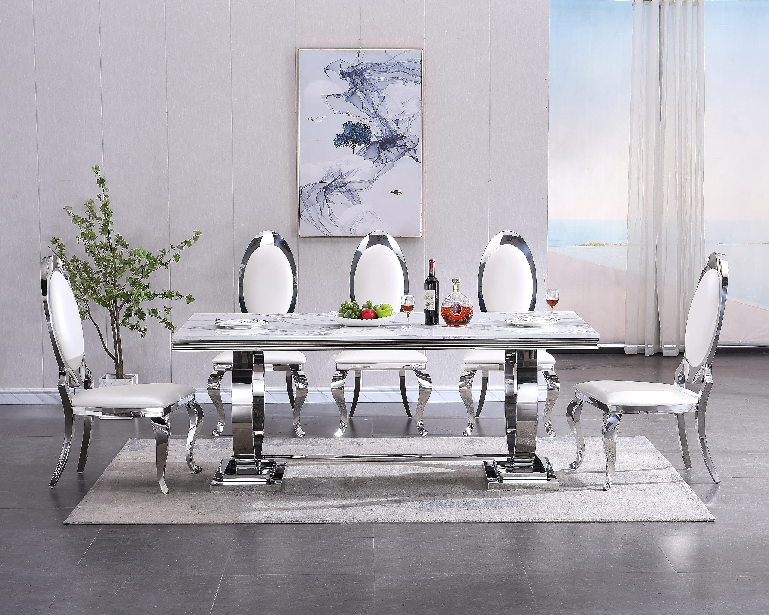 Maotifeys 70" White Marble Dining Table, Rectangle Marble Top, Silver U-Shape Stainless Steel Pedestal, Mid-Century Modern, 70" x 35" x 30"