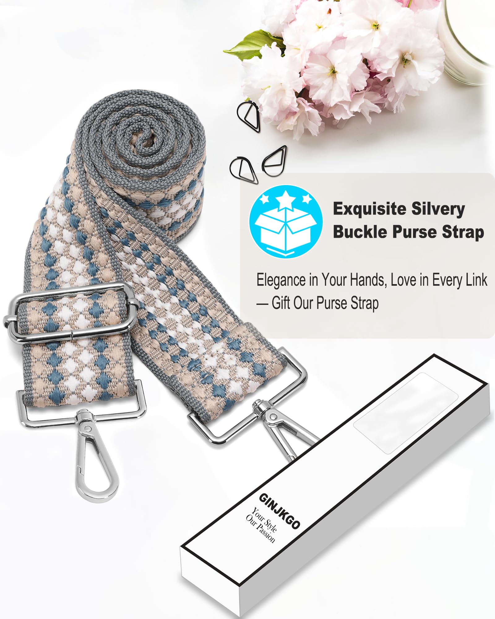 GINJKGO Purse Straps Silver Hardware - Women's Crossbody Handbags Bag Straps Replacement Crossbody for Tote, Guitar Strap for Purse