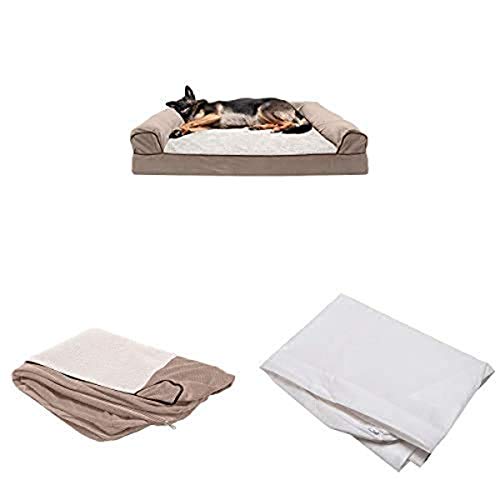 Furhaven Pet Bundle - Jumbo Plus Cream Cooling Gel Memory Foam Faux Fleece & Chenille Sofa, Extra Dog Bed Cover, & Water-Resistant Mattress Liner for Dogs & Cats