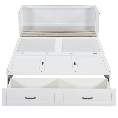 WADRI Full Size Murphy Bed with USB Port and a Large Drawer, Wood Mobile Murphy Chest Bed, Muti-Functional Cabinet Bed for Home Office or Small Room (White-Full-32)